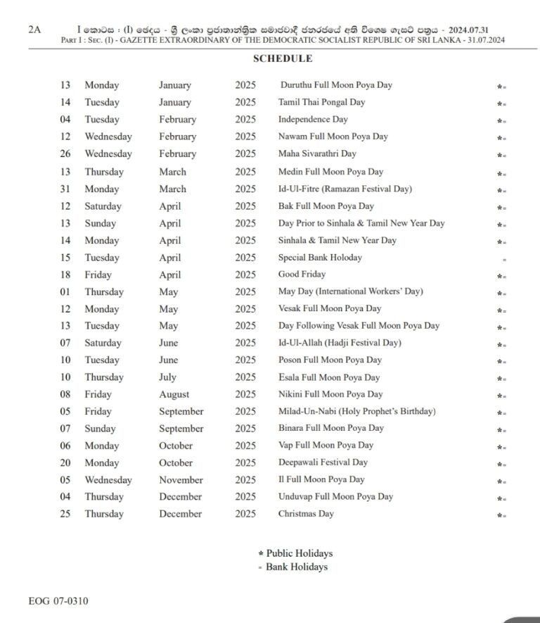 Sri Lanka's Public and Bank Holidays for 2025 Announced: Comprehensive ...