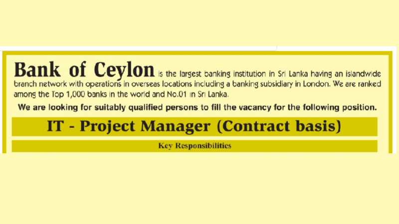Bank of Ceylon Announces Contract IT Project Manager Role to Propel Digital Transformation ...